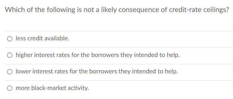 Solved True or false? Credit rate ceilings were instituted | Chegg.com