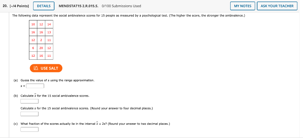 Solved 20. [-14 Points] DETAILS MENDSTAT15 2.R.015.5.0/100 | Chegg.com