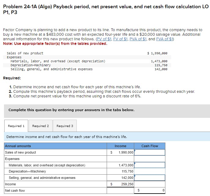 Solved Problem 24-1A (Algo) ﻿Payback period, net present | Chegg.com