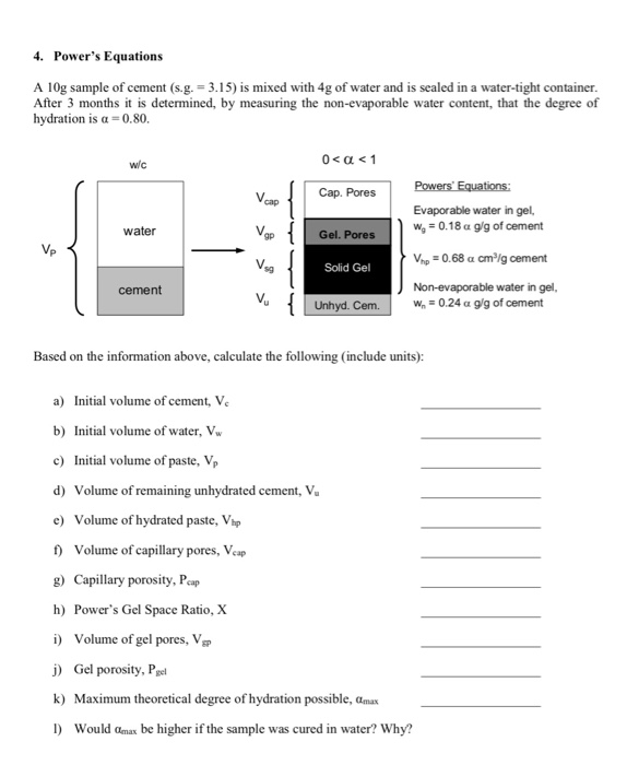 Solved 4. Power's Equations A 10g sample of cement (s.g. | Chegg.com
