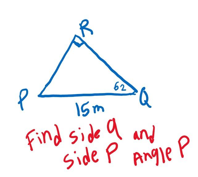Solved 62 e =Q 15m Find side a and side P Angle P | Chegg.com