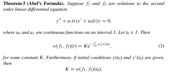 Solved Theorem 5 (Abel's Formula). Suppose fi and f2 are | Chegg.com