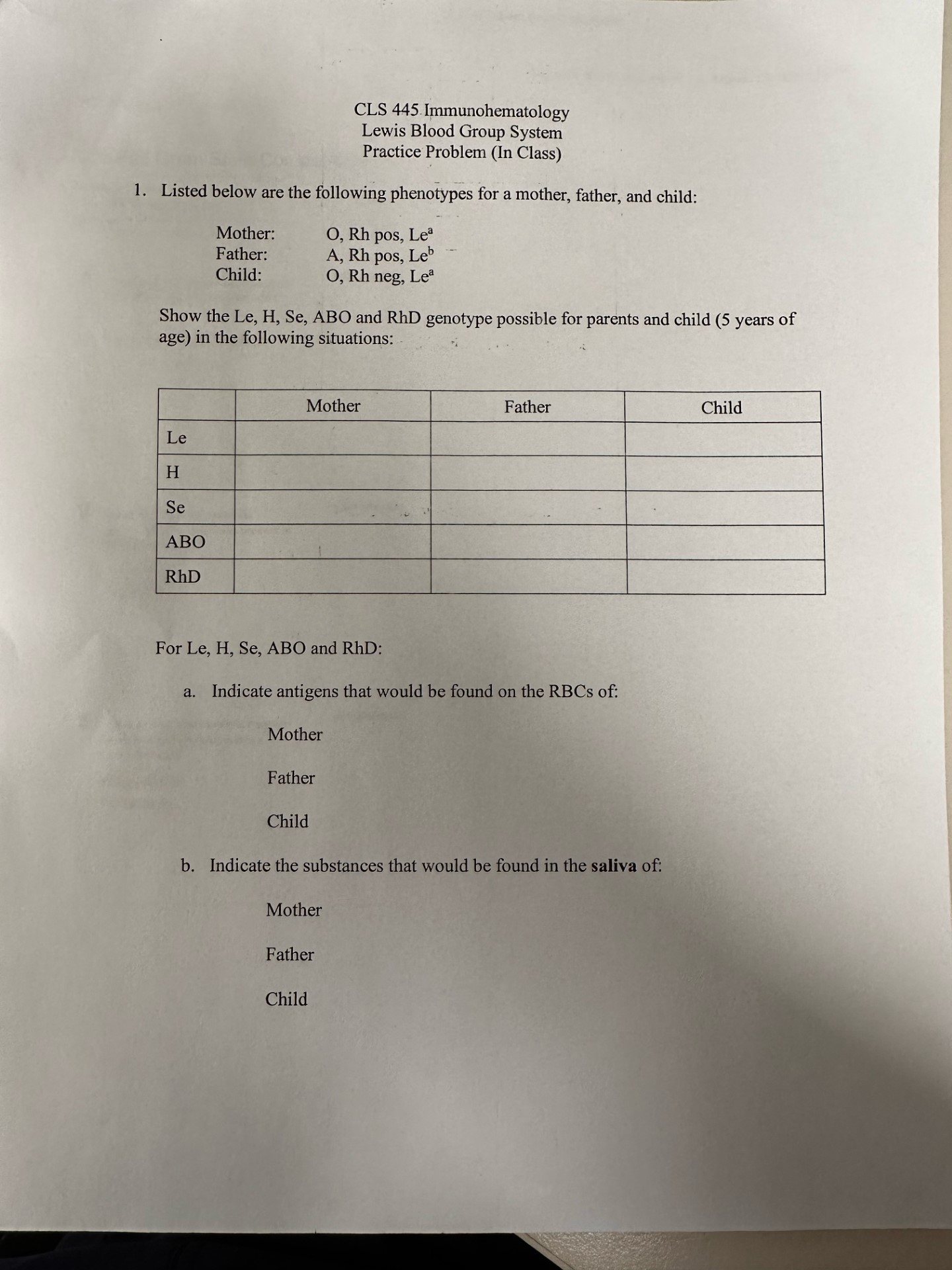 Solved CLS 445. ﻿ImmunohematologyLewis Blood Group | Chegg.com