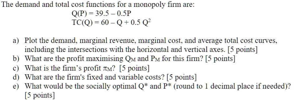 Solved The demand and total cost functions for a monopoly | Chegg.com
