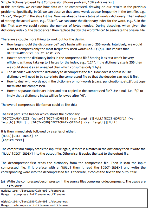 Simple Dictionary-based Text Compression (Bonus | Chegg.com