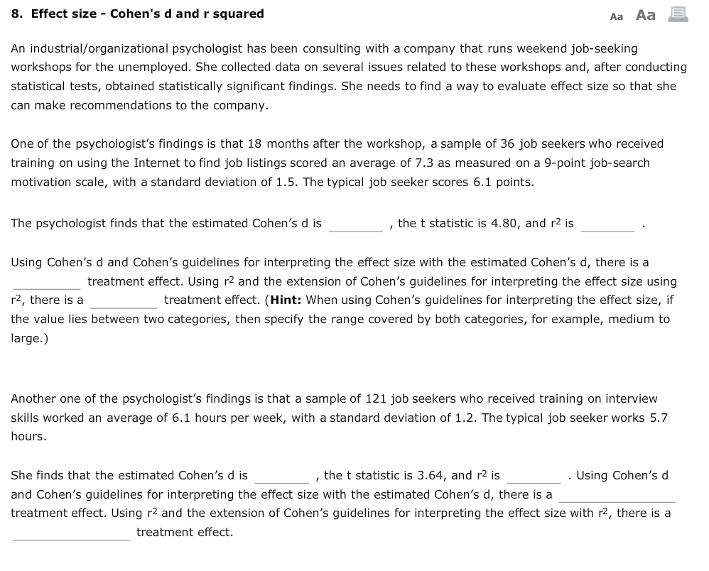 Solved 8 Effect Size Cohens D And R Squared Aa Aa E An