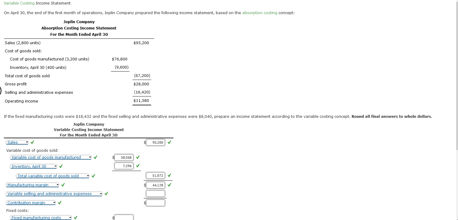 Solved Variable Costing Income Statement On April 30, the | Chegg.com