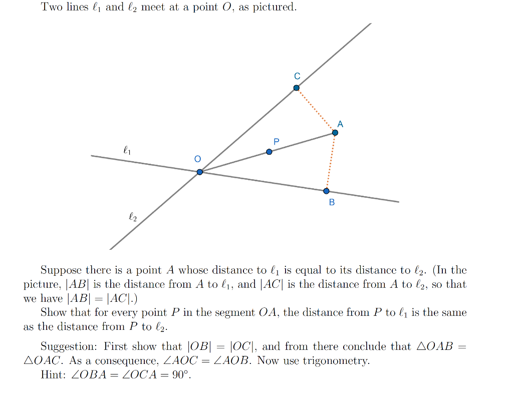 Solved Two lines ℓ1 and ℓ2 meet at a point O, as pictured. | Chegg.com