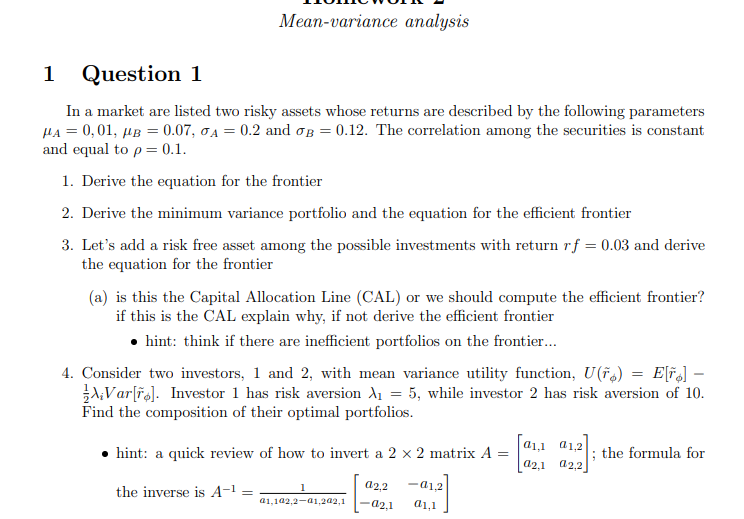 Solved Mean-variance analysis 1 Question 1 In a market are | Chegg.com