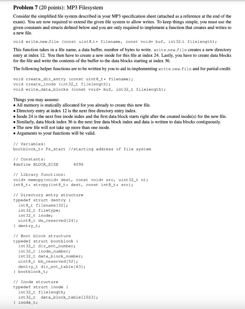 Problem 7 (20 points): MP3 Filesystem Consider the | Chegg.com