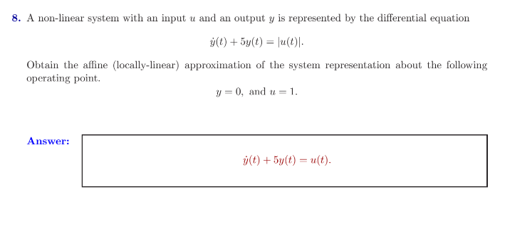 Solved A non-linear system with an input u and an output y | Chegg.com