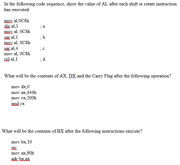 Solved In the following code sequence, show the value of AL | Chegg.com