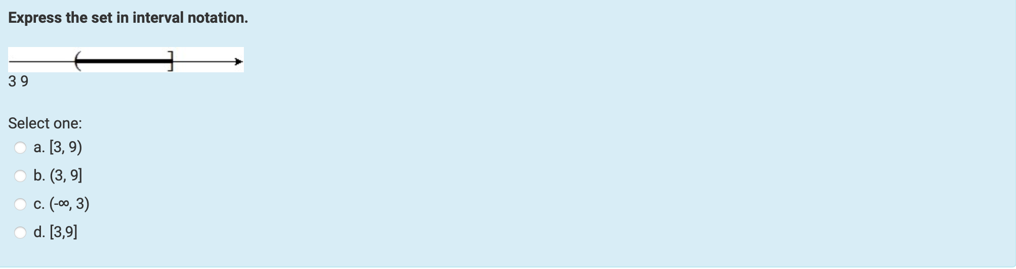 Solved Express the set in interval notation. Select one: a. | Chegg.com