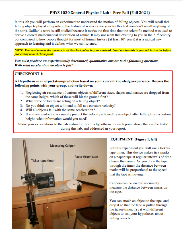 PHYS 1030 General Physics I Lab - Free Fall (Fall | Chegg.com