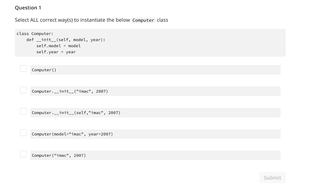 Solved Question 1 Select ALL correct way(s) to instantiate | Chegg.com