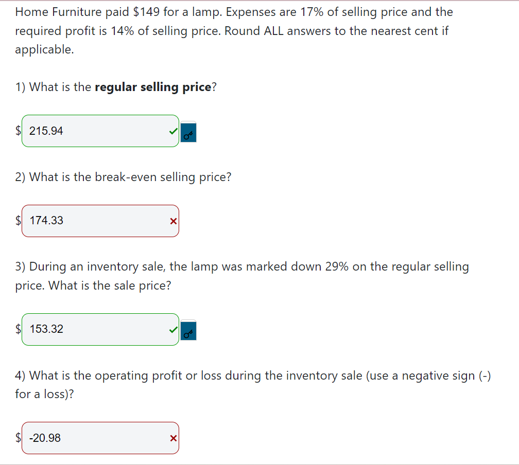 Solved Home Furniture paid $149 for a lamp. Expenses are 17% | Chegg.com