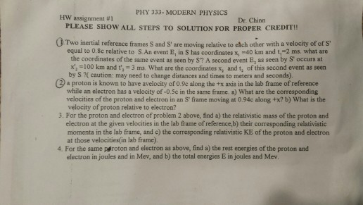 Solved PHY 333- MODERN PHYSICS HW assignment #1 Dr. Chinn | Chegg.com
