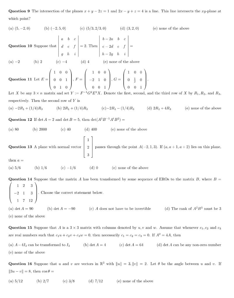 Solved Question 9 The intersection of the planes x+y−2z=1 | Chegg.com