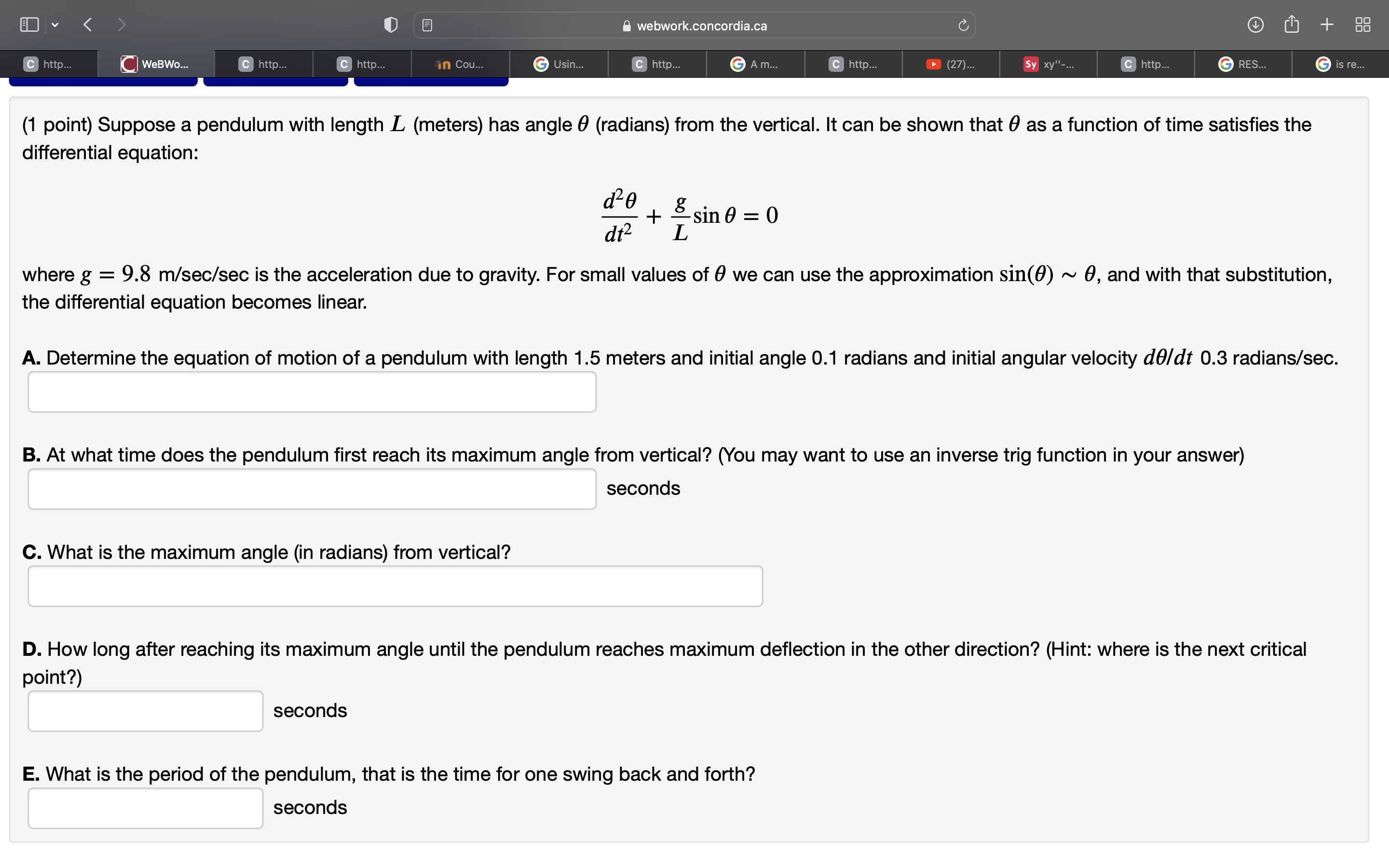 Solved (1 ﻿point) ﻿Suppose a pendulum with length L (meters) | Chegg.com