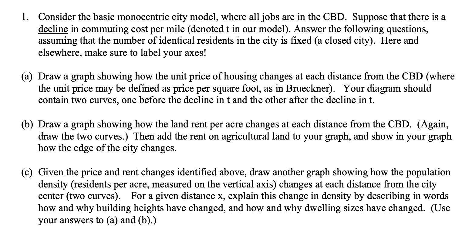 Solved 1. Consider the basic monocentric city model, where | Chegg.com