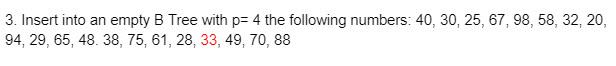 Solved 3. Insert into an empty B Tree with p= 4 the | Chegg.com