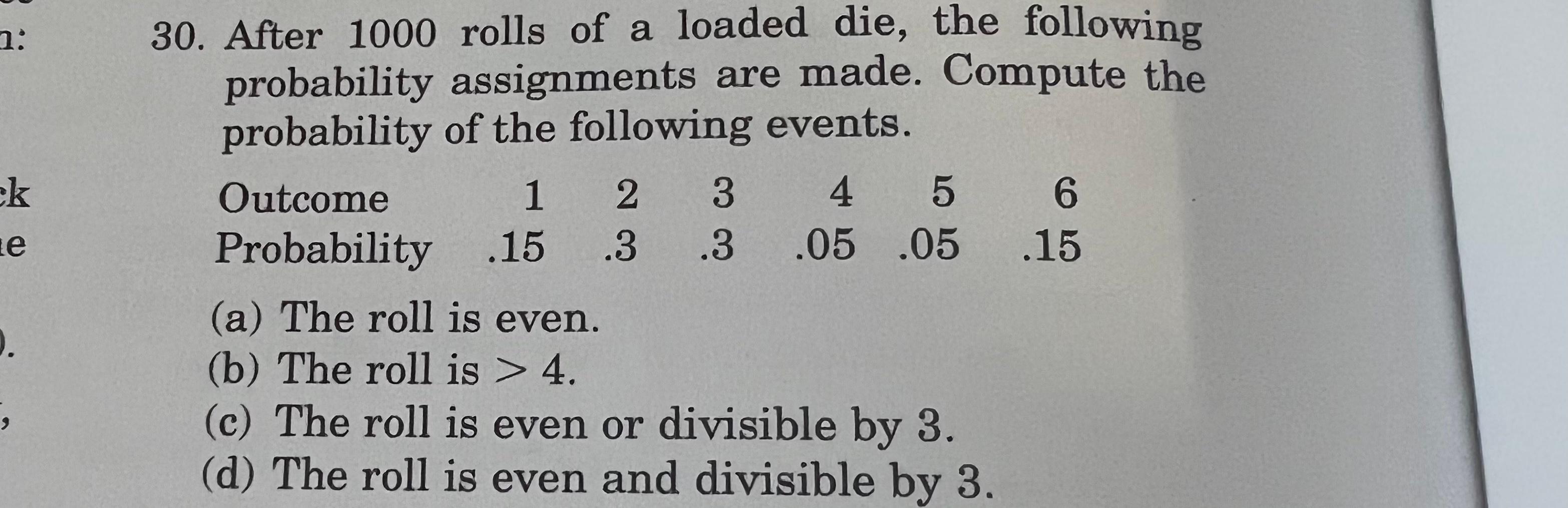 Solved 0. After 1000 rolls of a loaded die, the following | Chegg.com
