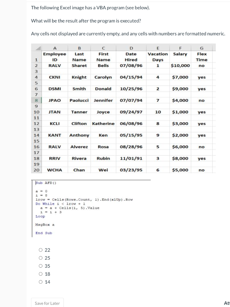 Solved The following Excel image has a VBA program (see | Chegg.com