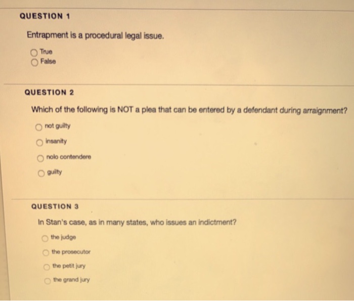 Solved Entrapment is a procedural legal issue. True False | Chegg.com