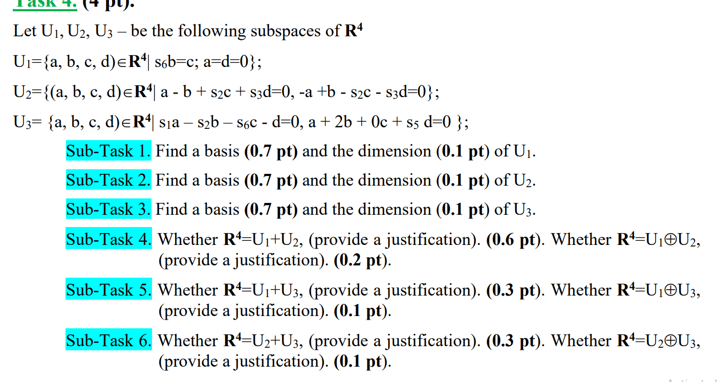 Solved Let U1, U2, U3 – be the following subspaces of R4 | Chegg.com