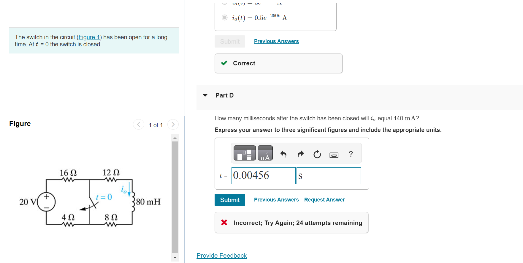 Solved The switch in the circuit (Figure 1) has been open | Chegg.com