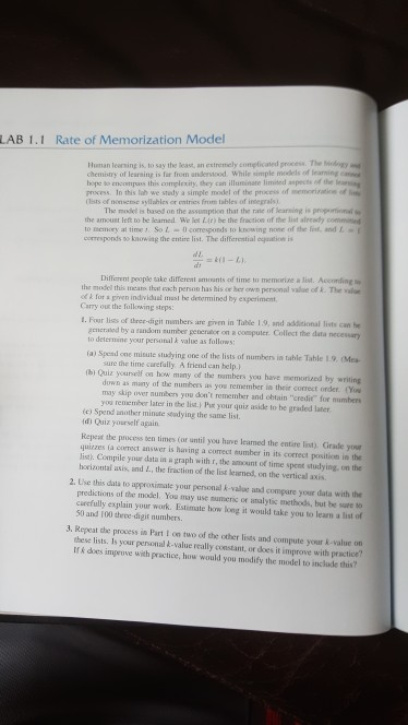 LAB 1.1 Rate of Memorization Model Himan learning İs_ | Chegg.com