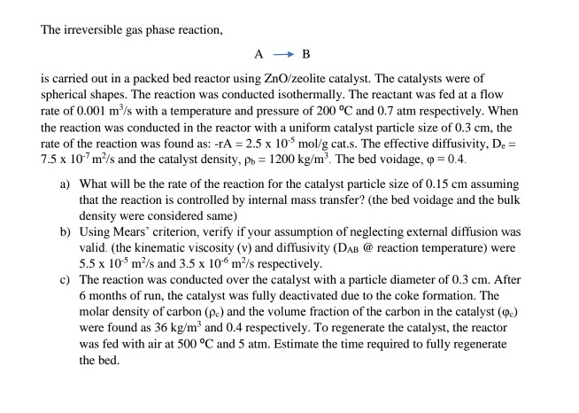 The irreversible gas phase reaction, is carried out | Chegg.com