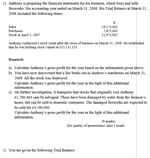 Solved 1) Anthony is preparing the financial statements for | Chegg.com
