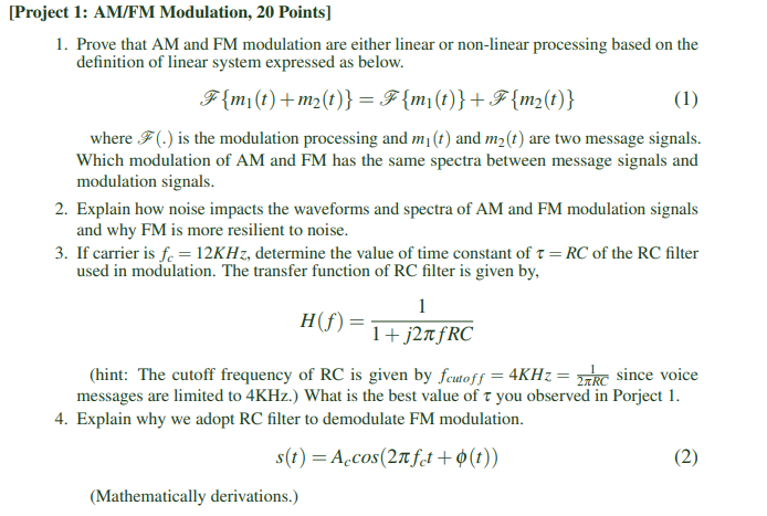 Solved [Project 1: AM/FM Modulation, 20 Points] 1. Prove | Chegg.com