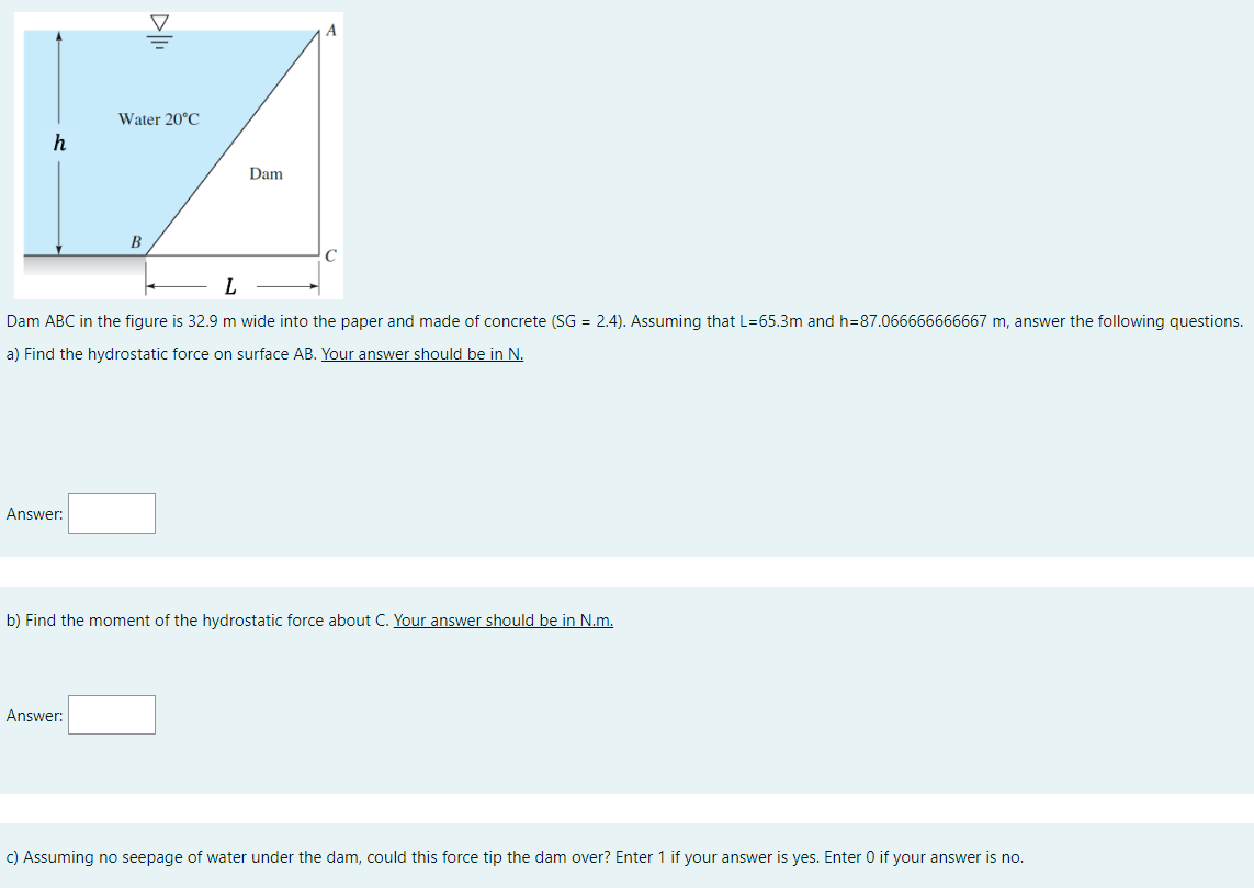 Solved A Water 20°C h EA Dam B L Dam ABC in the figure is | Chegg.com