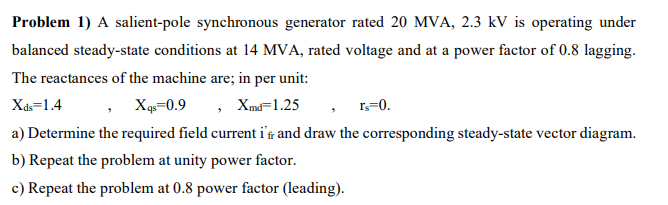 Solved Problem 1 A Salient Pole Synchronous Generator Rated