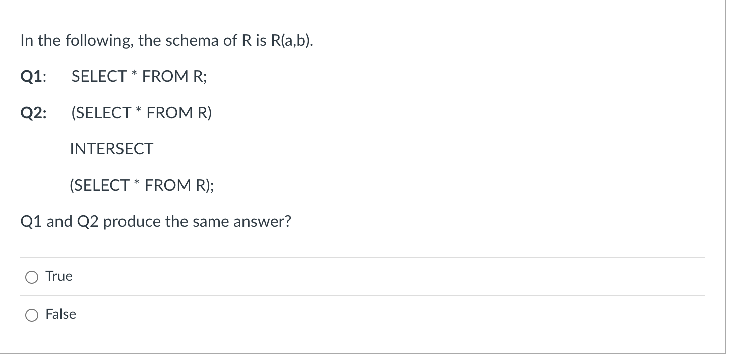Solved In the following, the schema of R is R(a,b). Q1: | Chegg.com