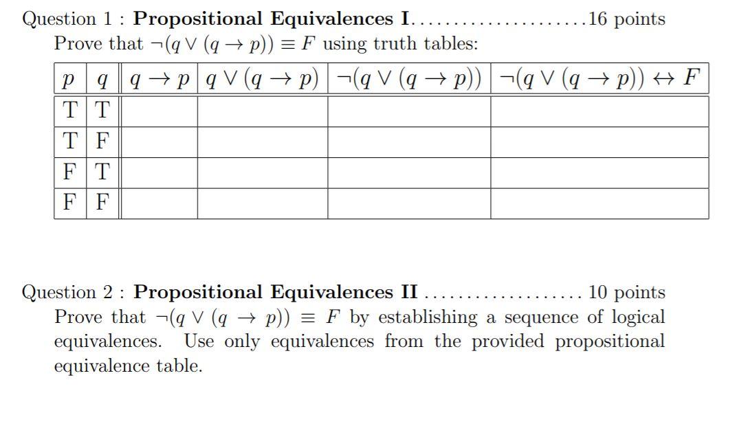 Solved Question 1 : Propositional Equivalences I... 16 | Chegg.com