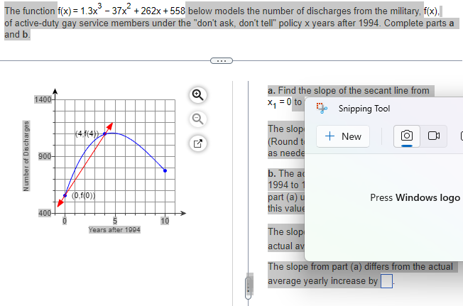 The function f(x)=1.3x3−37x2+262x+558 below models | Chegg.com