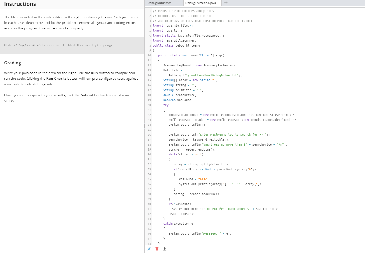 Solved Instructions DebugData4.txt DebugThirteen4.java + The | Chegg.com
