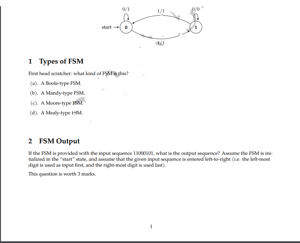 Solved 0/1 1/1 0/0 start - 0 1/1 1 Types of FSM First head | Chegg.com