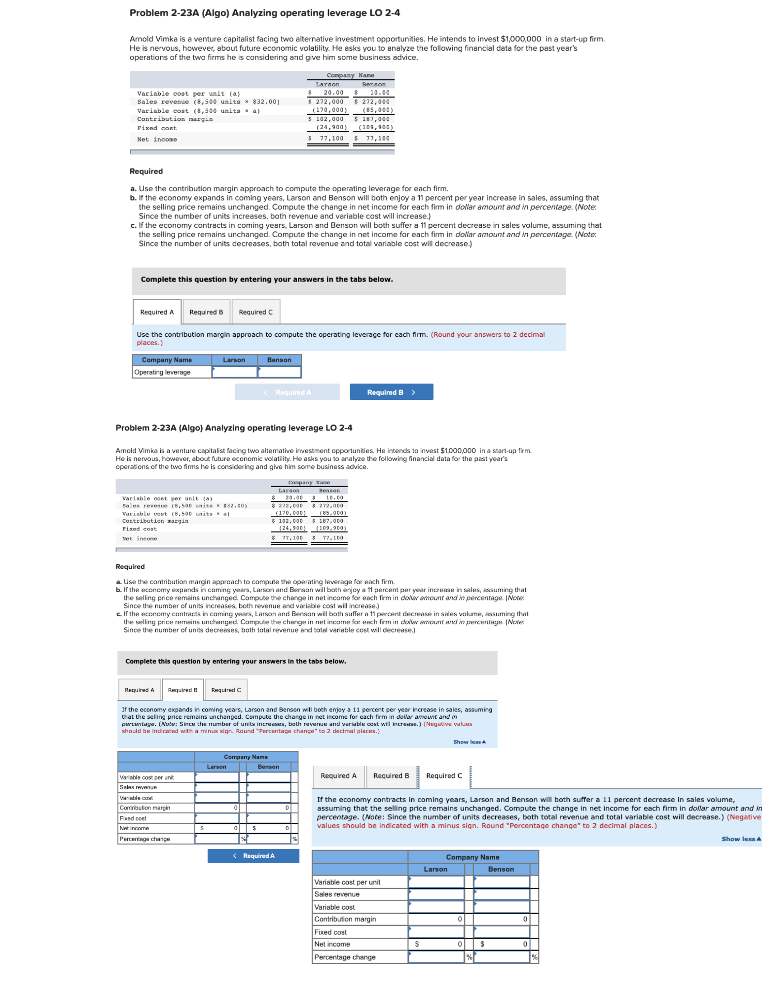 Solved Problem 2-23A (Algo) Analyzing operating leverage LO | Chegg.com