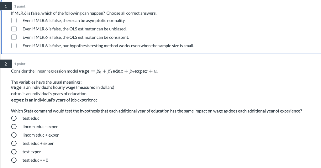 Solved 1 1 point If MLR.6 is false, which of the following | Chegg.com