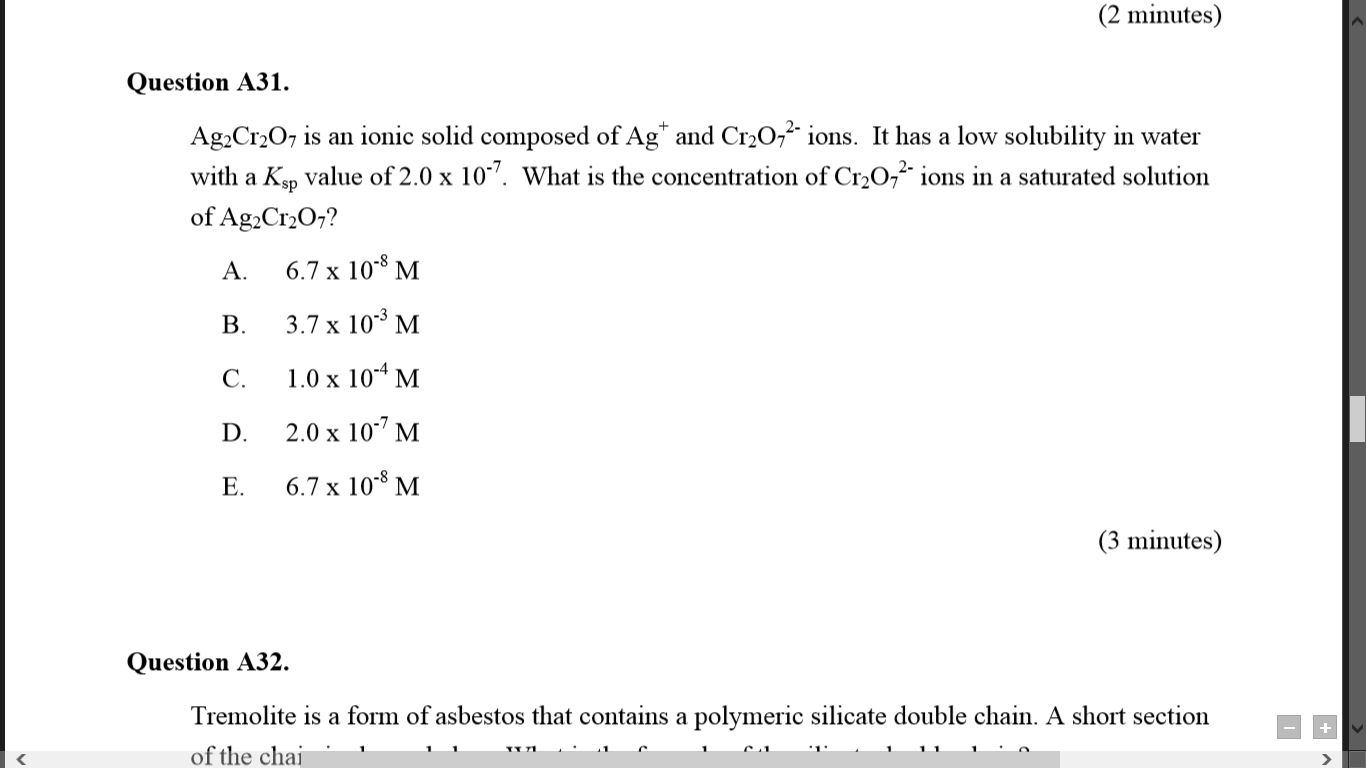 Solved (2 minutes) Question A31. Ag2Cr2O7 is an ionic solid | Chegg.com