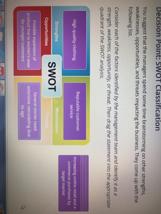 Solved MY PROGRESS-69% Decision Point: SWOT Classification | Chegg.com Solved MY PROGRESS-69% Decision Point: SWOT Classification | Chegg.com