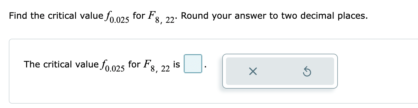 Solved Find the critical value f0.025 for F8,22. Round your | Chegg.com