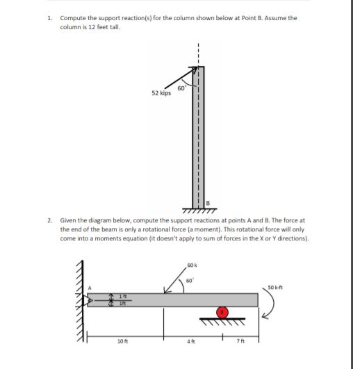 Solved 1. Compute the support reactions) for the column | Chegg.com