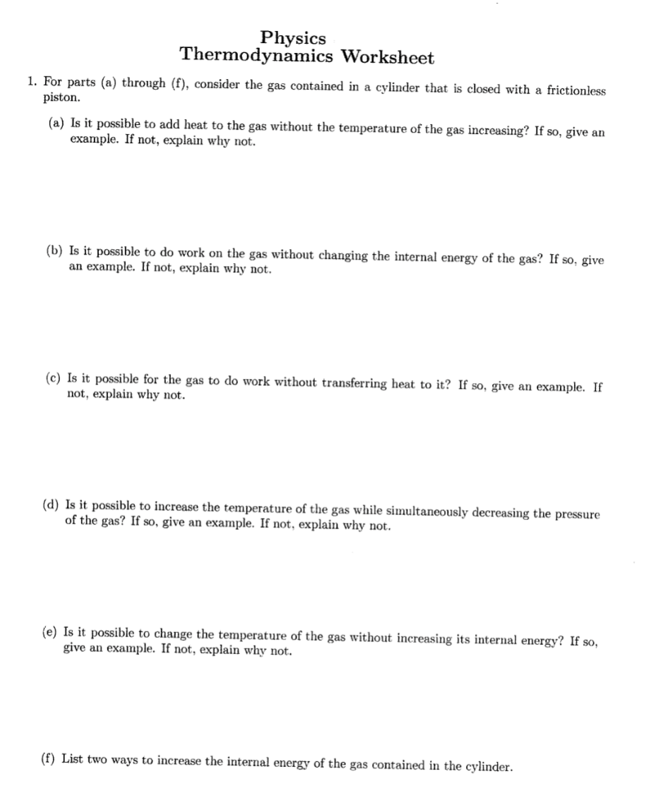 Solved Physics Thermodynamics Worksheet 1. For parts (a) | Chegg.com