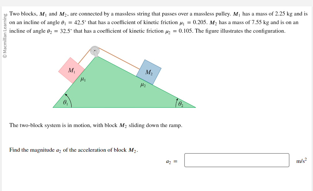 Solved Two blocks, M1 and M2, are connected by a massless | Chegg.com