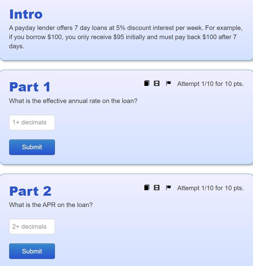 Solved A payday lender offers 7 day loans at 5% discount | Chegg.com
